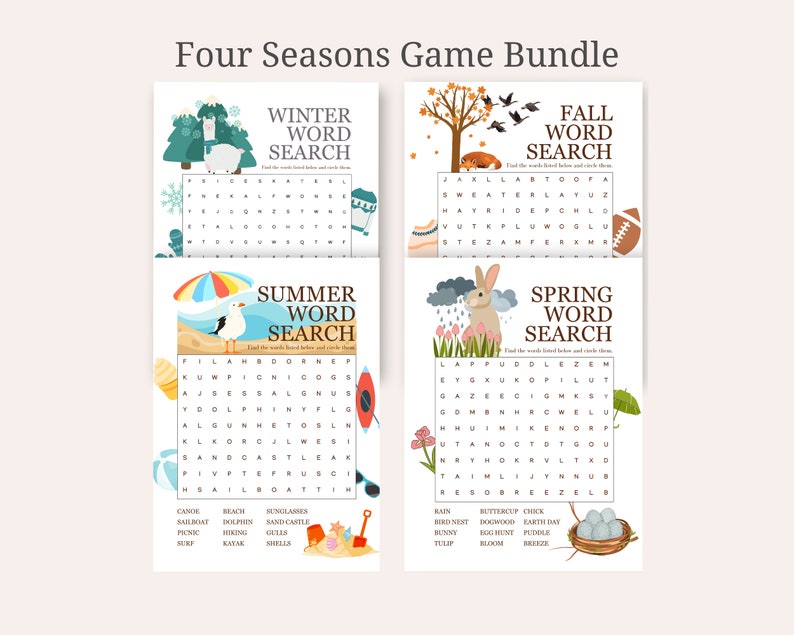 Four Seasons Word Search Game for Classroom or Home, Winter Word Search ...