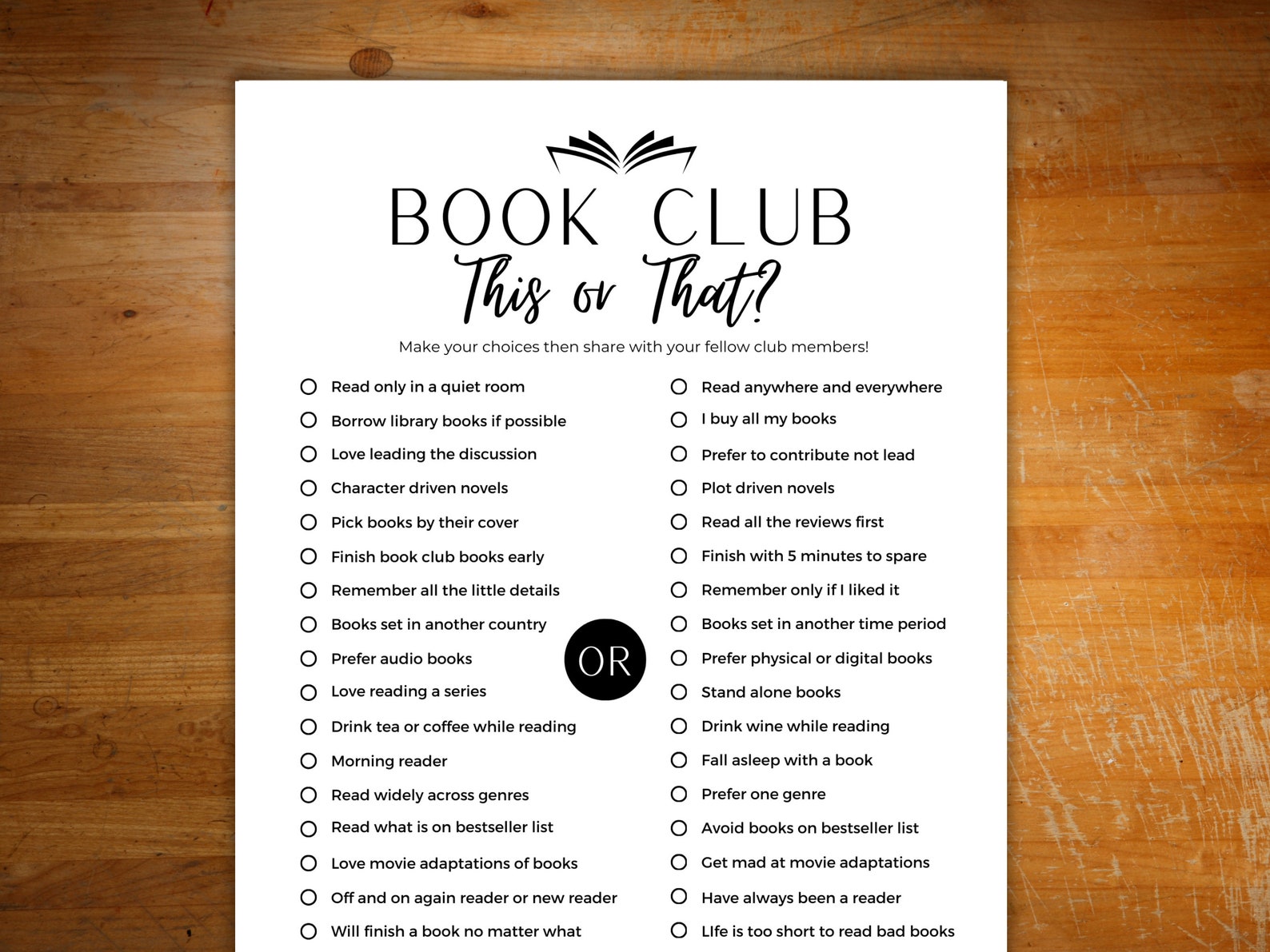 Book Club Ice Breaker Game, Activity for Book Club, Adult Book Club ...