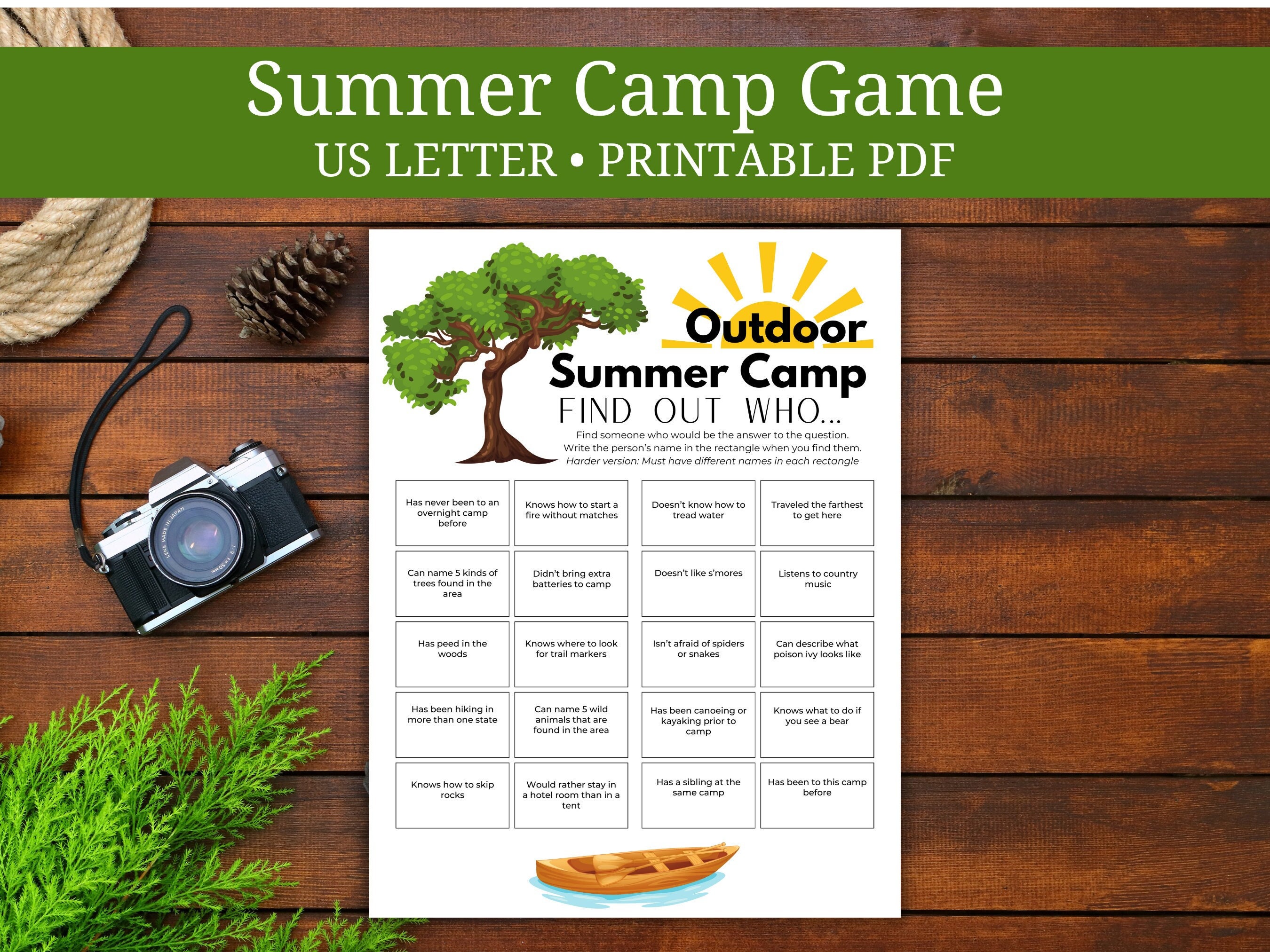 Summer Camp Icebreaker Find Out Who Game for Kids, Instant Download ...