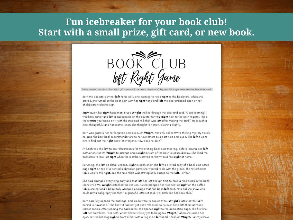 Book Club Game, Book Club Activity, Adult Book Club Activity, Left ...