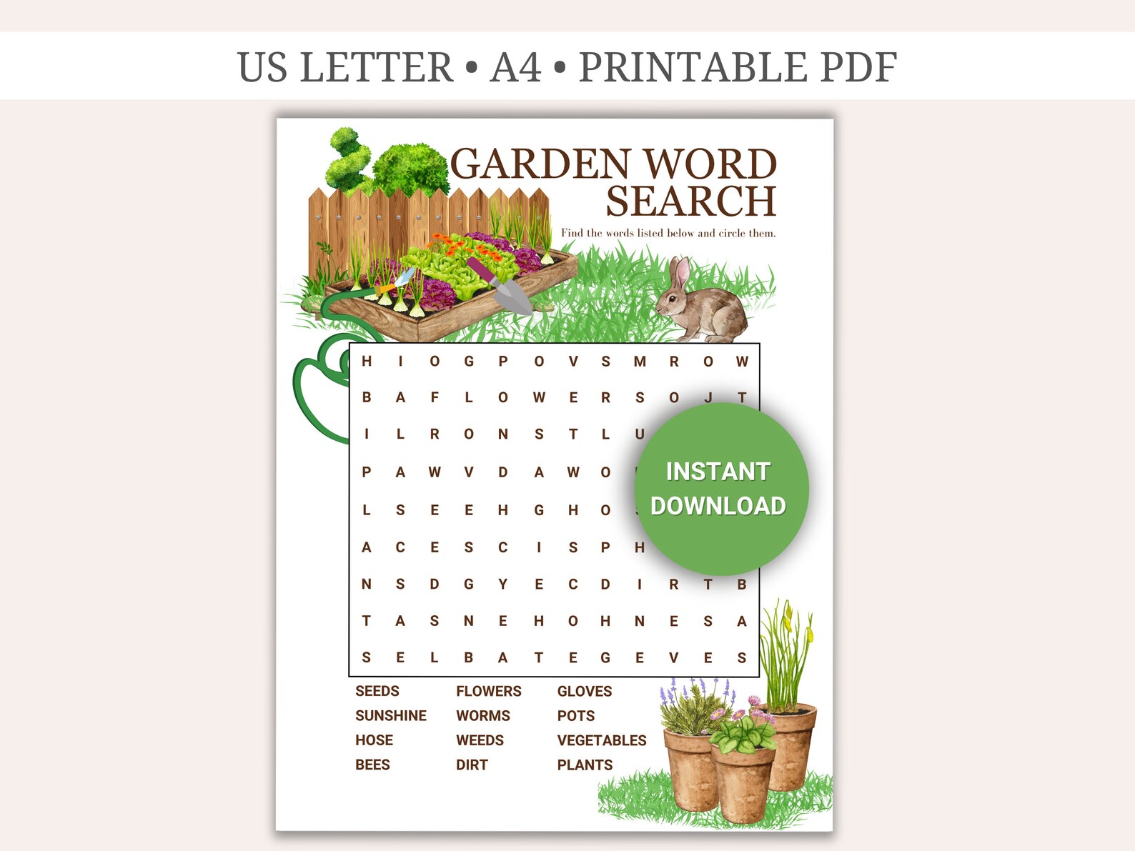 Garden Word Search Game for Kids, Summer Word Search, Garden Vocabulary ...