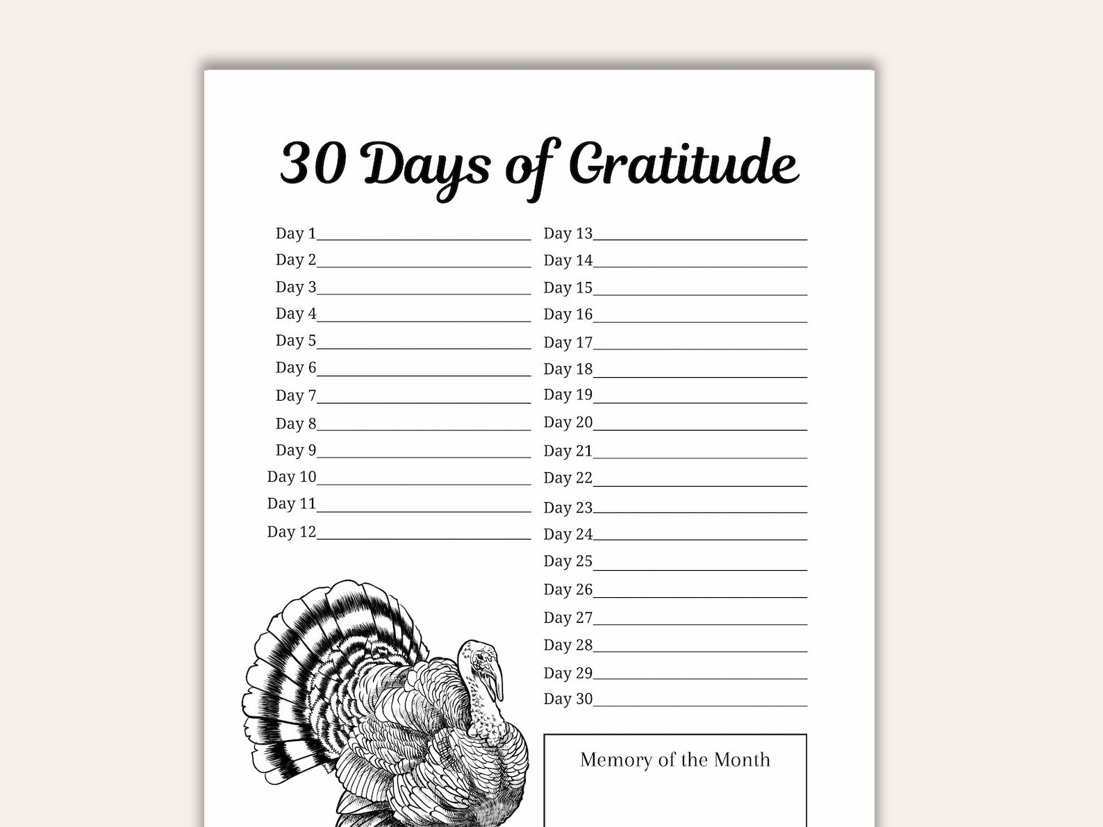 Thanksgiving Month of Gratitude Printable Journal Page, 30 Days of ...