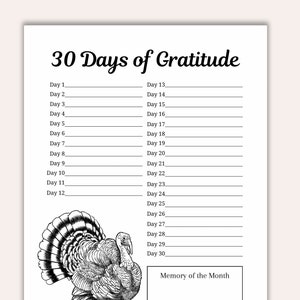 Thanksgiving Month of Gratitude Printable Journal Page, 30 Days of ...