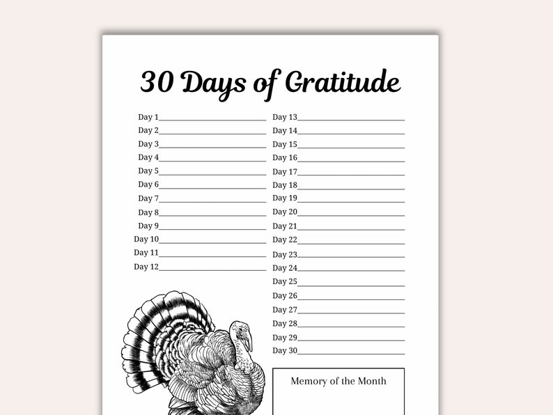 Thanksgiving Month of Gratitude Printable Journal Page, 30 Days of ...