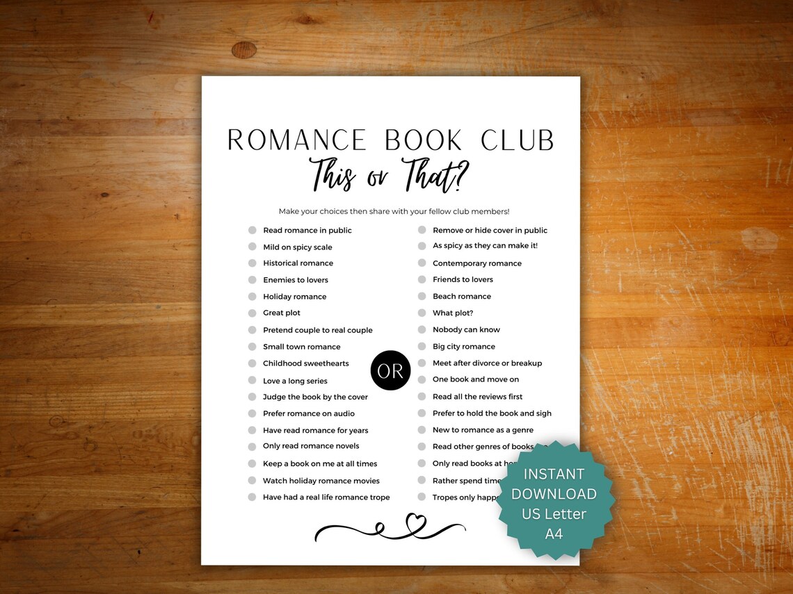 Romance Book Club Game This or That Printable, Romance Book Club Ice ...