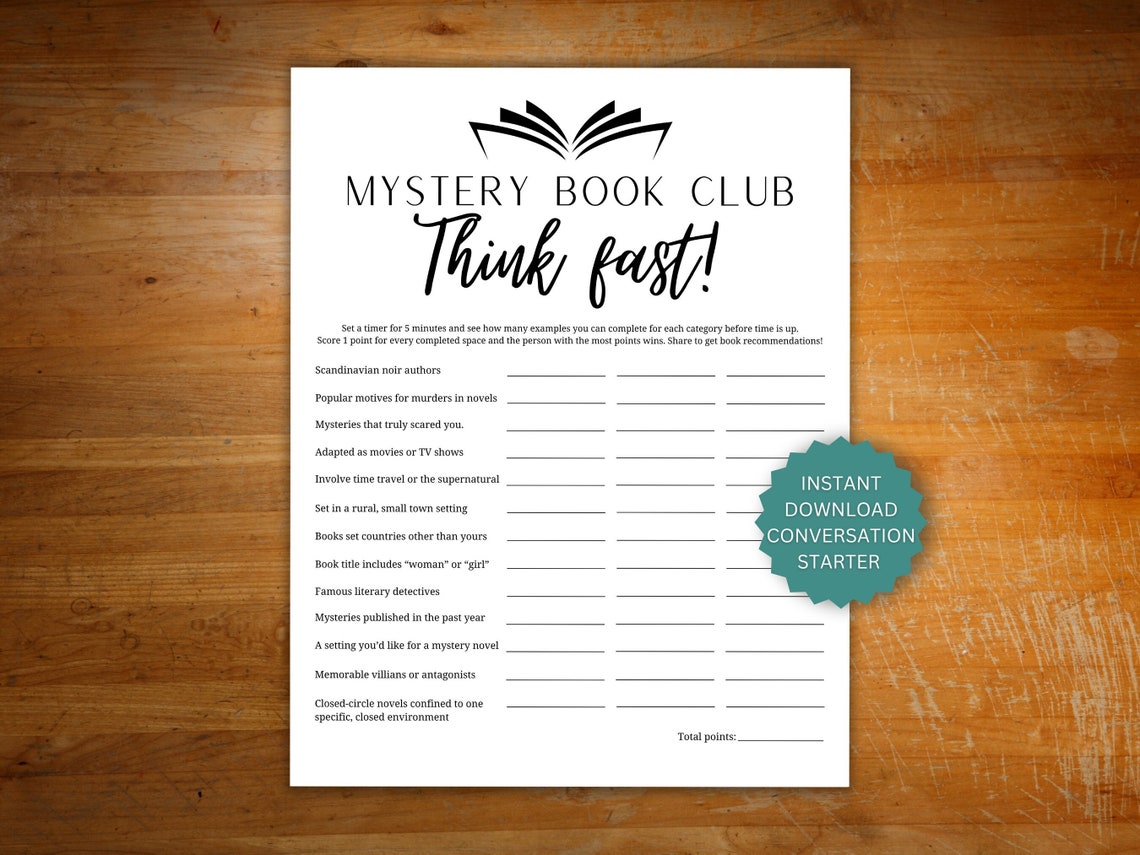 Mystery Book Club Game Instant Download, Icebreaker for Book Club ...