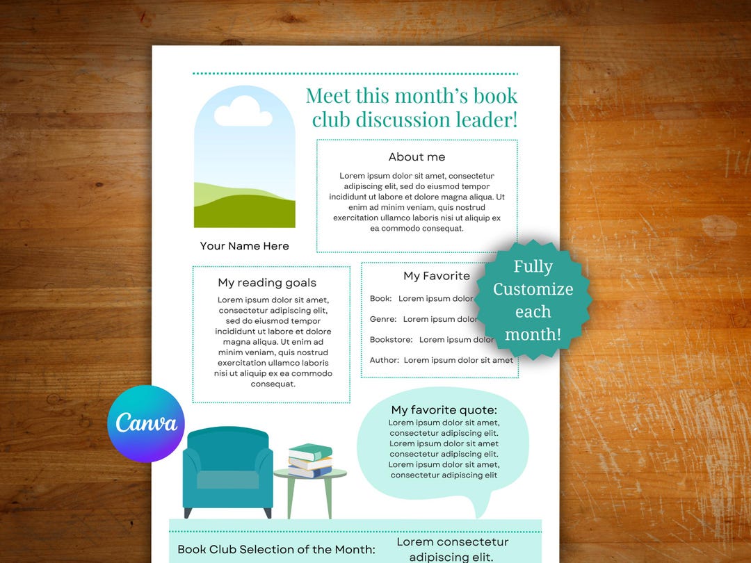 Book Club Discussion Leader Template, Customizable Monthly Book Club ...