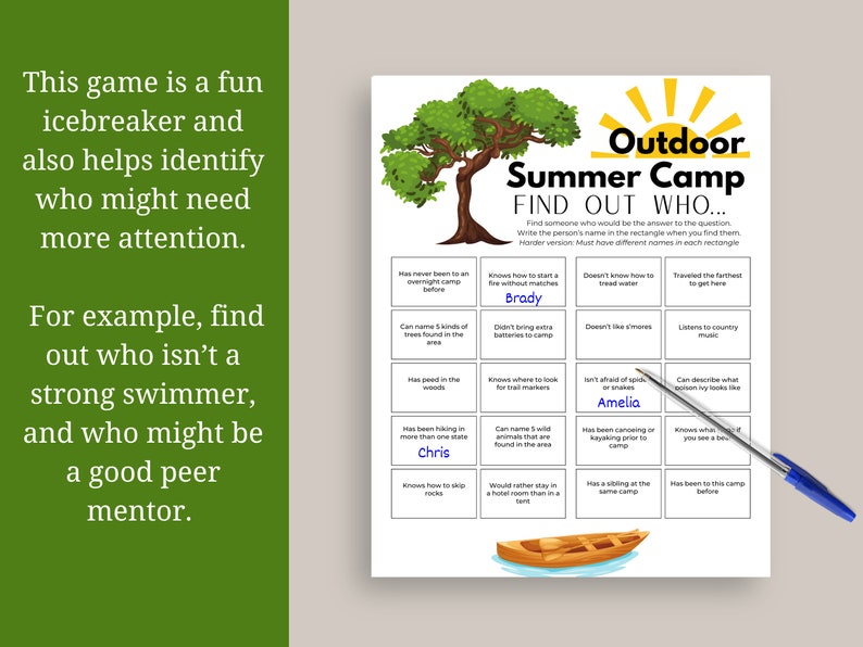Summer Camp Icebreaker Find Out Who Game for Kids, Instant Download ...