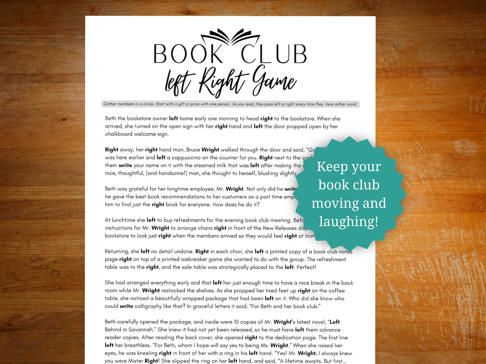 Book Club Game, Book Club Activity, Adult Book Club Activity, Left ...