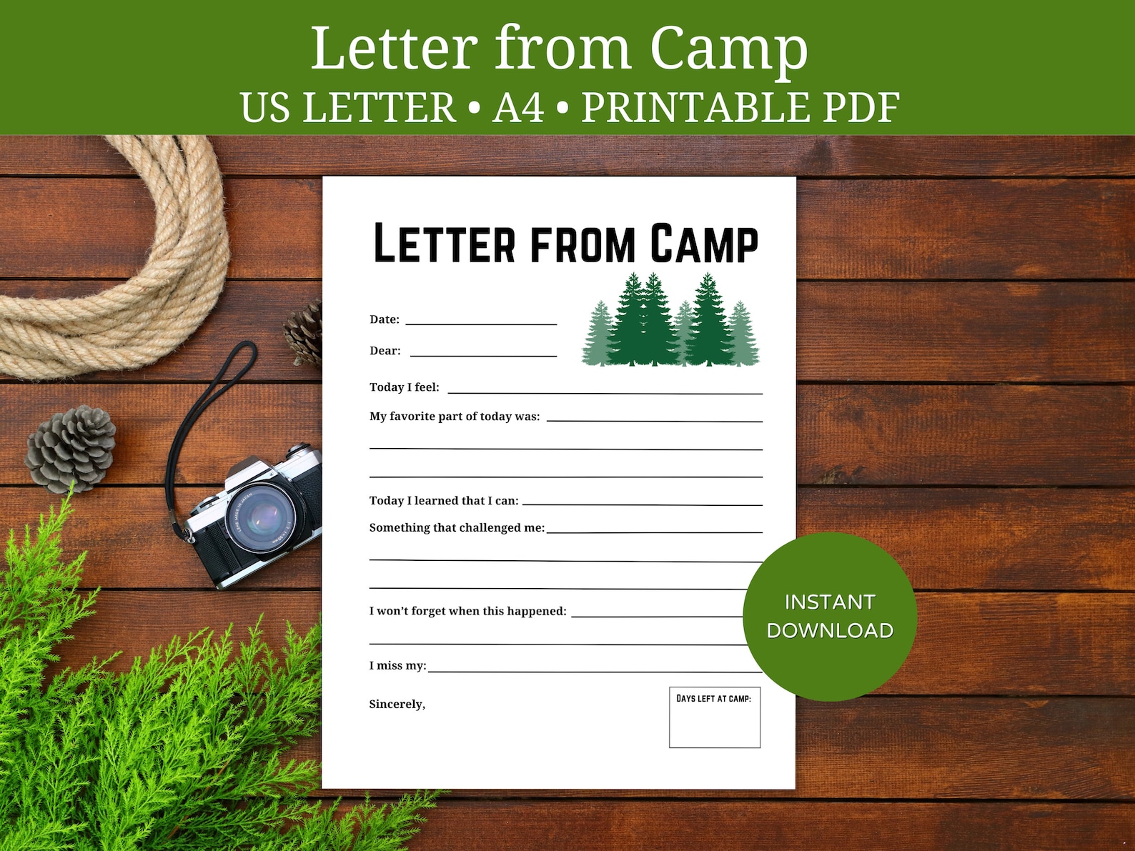 Letter From Camp Printable PDF for Kids, Summer Camp Stationery Instant ...