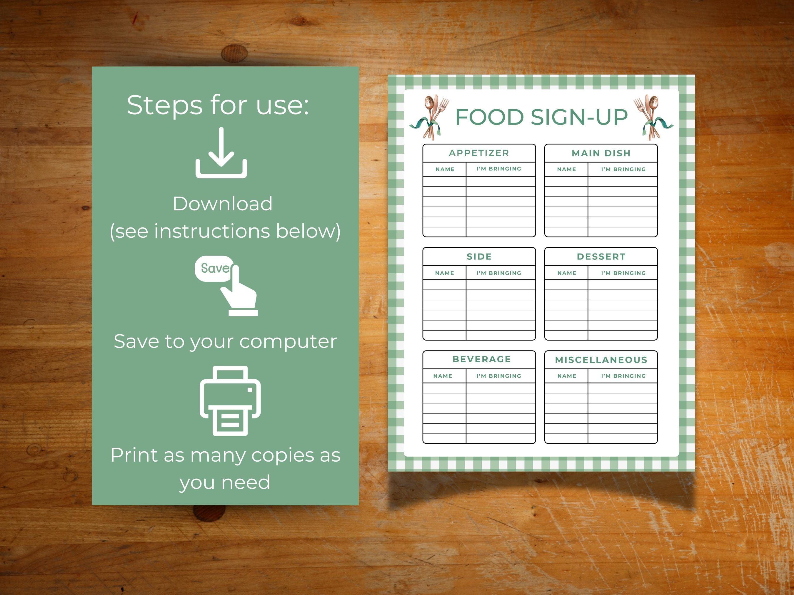 Food Signup Sheet, Potluck Sign up Sheet, Summer Party Sign up Sheet ...