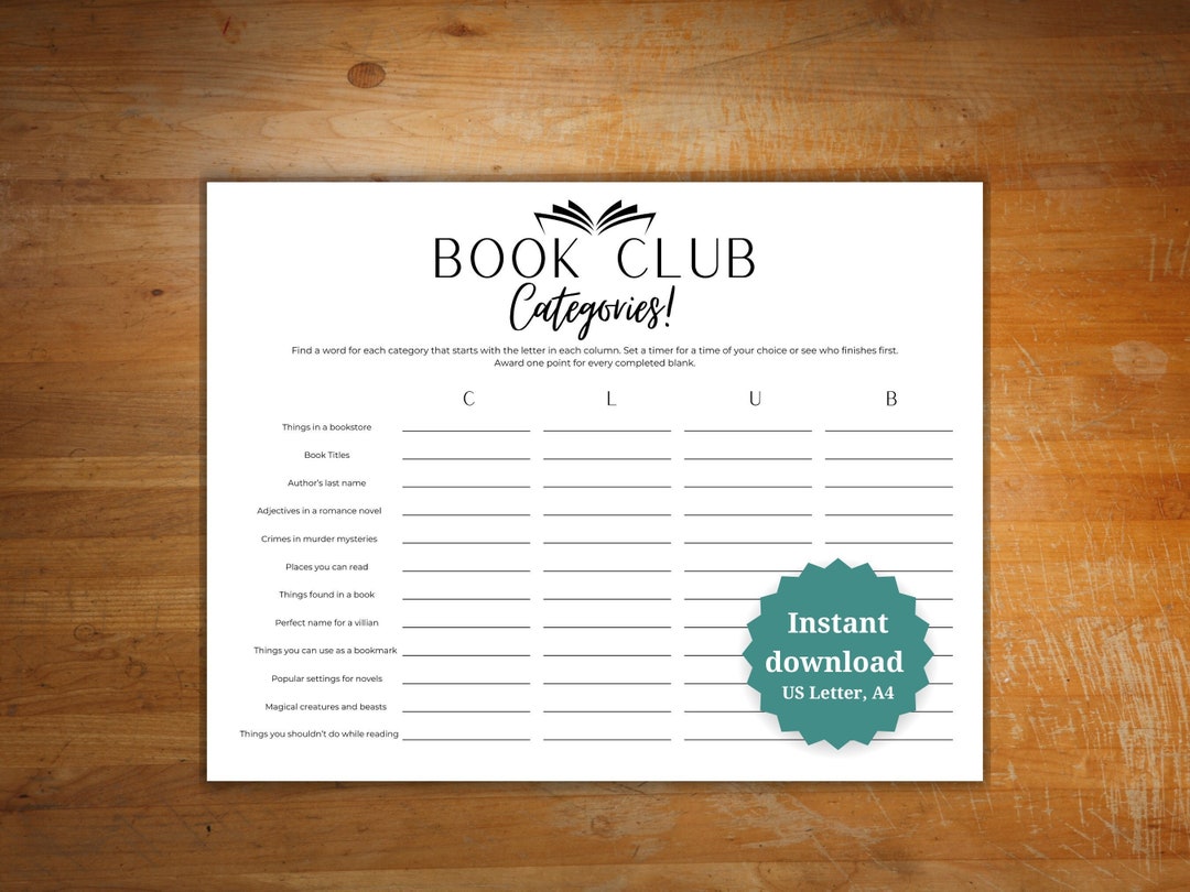 Book Club Game, Icebreaker for Book Club, Book Club Categories Game ...