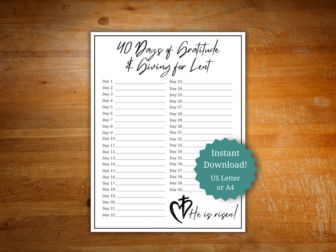 40 Days of Lent Countdown With Giving and Gratitude, Lent Calendar ...