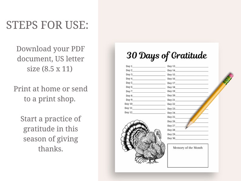 Thanksgiving Month of Gratitude Printable Journal Page, 30 Days of ...