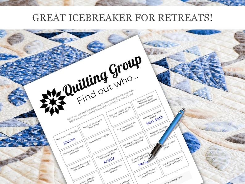 Quilting Club Game, Icebreaker for Quilting Group, Conversation Starters for Quilting Retreat ...
