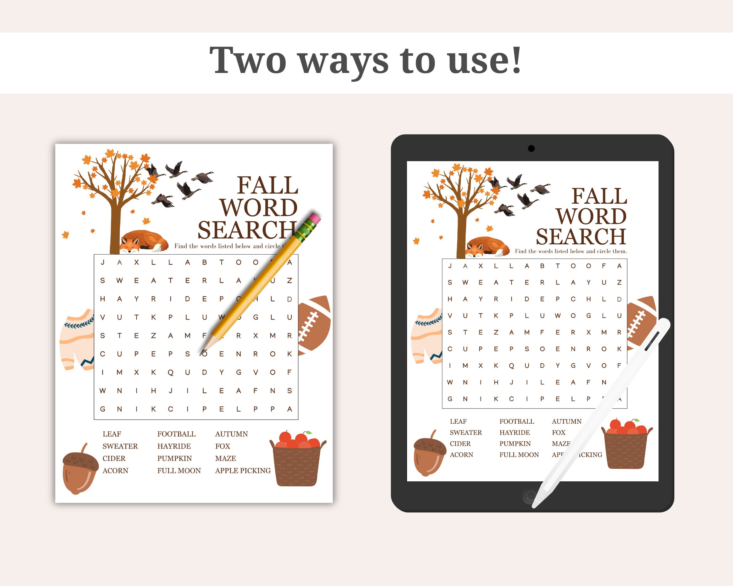 Fall Word Search Game Instant Download Pdf Thanksgiving Printable for ...