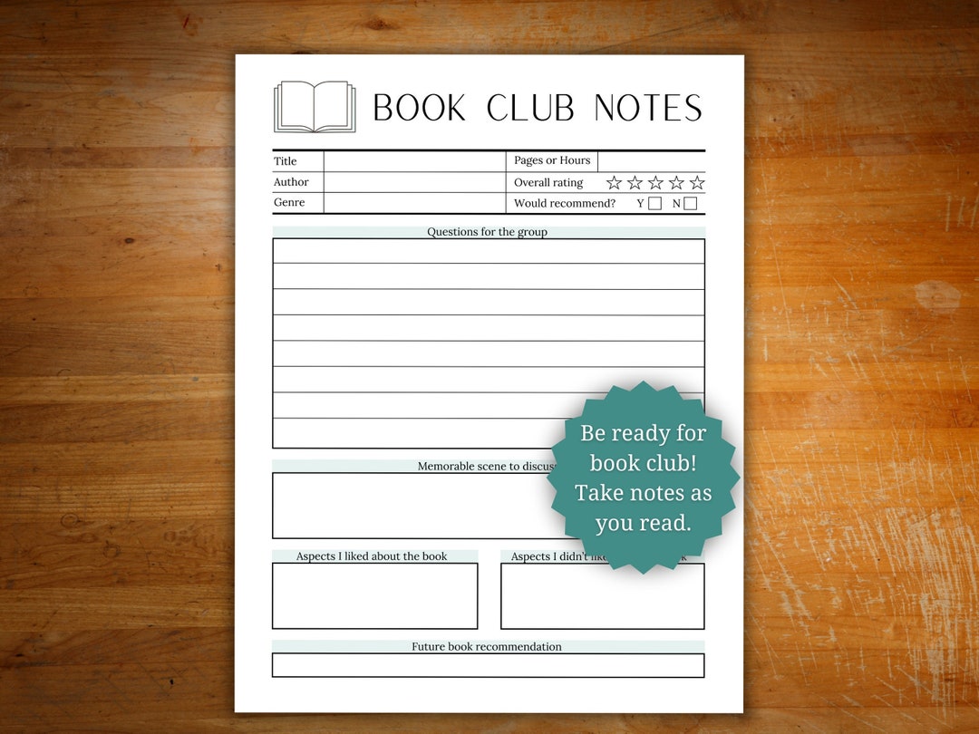 Book Club Discussion Notes, Book Review Notes for Book Club, Book Club ...