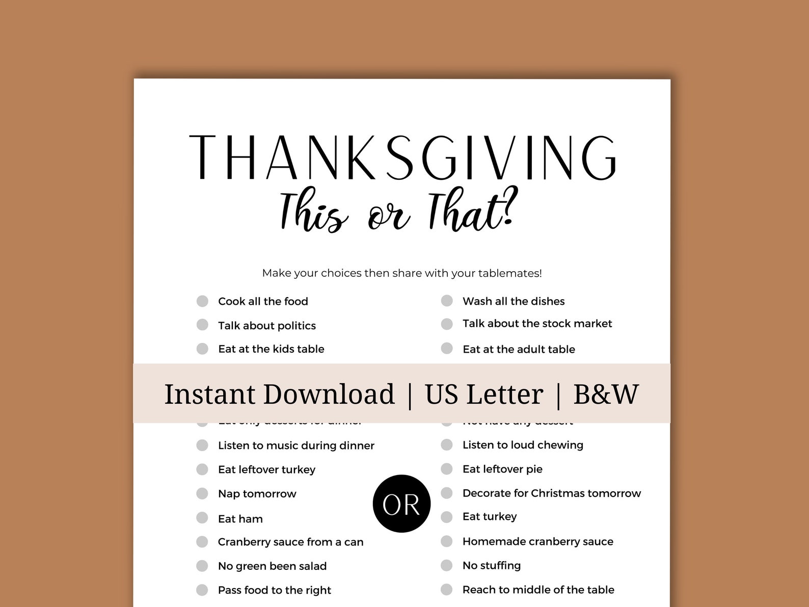 Thanksgiving Game This or That Printable, Thanksgiving Dinner Game ...