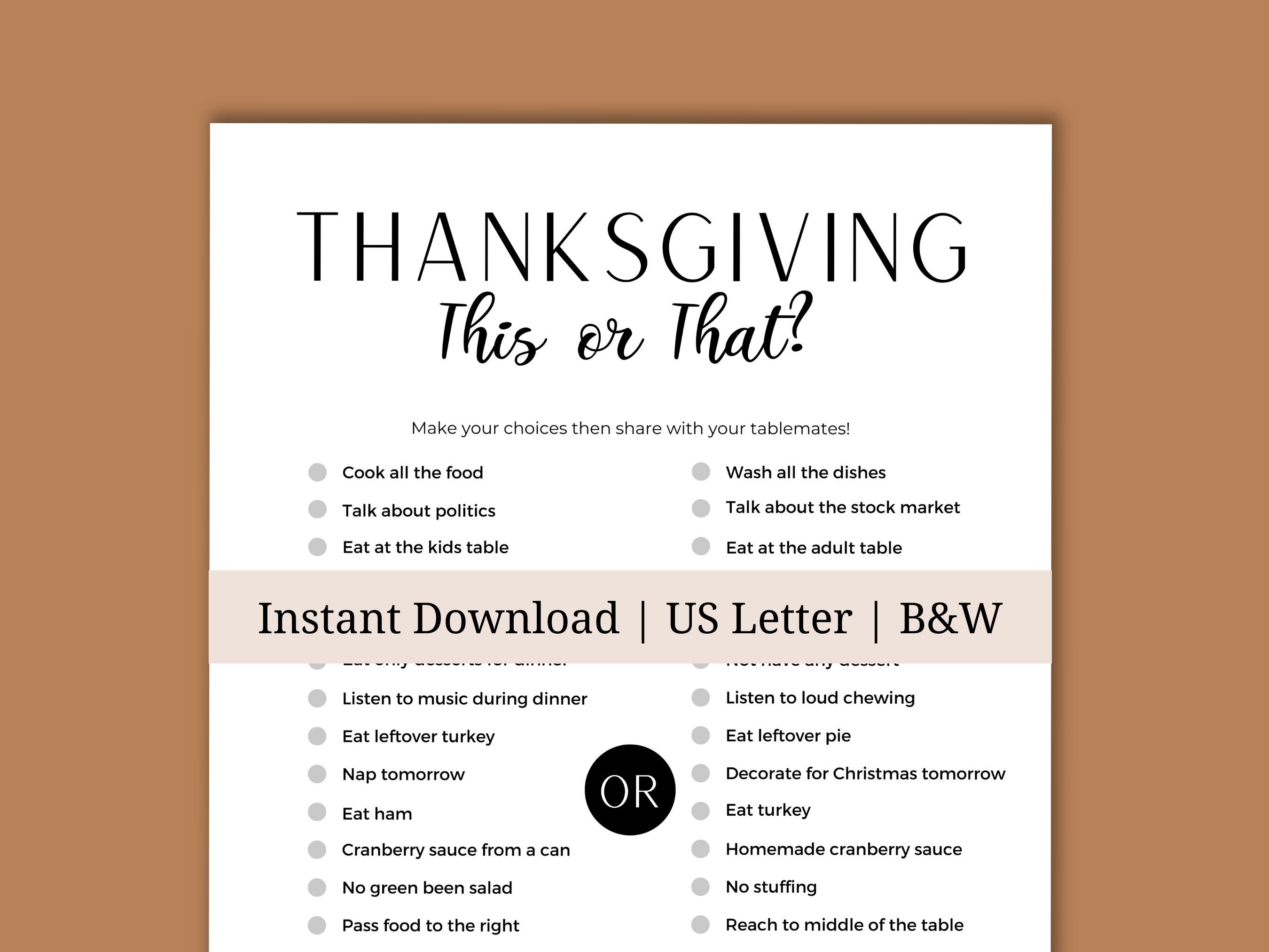 Thanksgiving Game This or That Printable, Thanksgiving Dinner Game ...