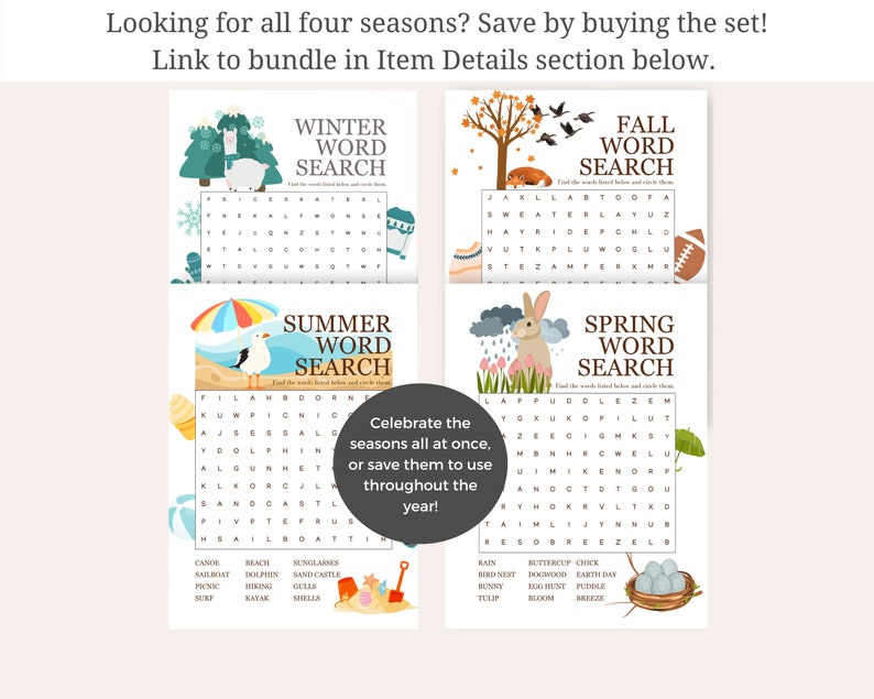 Four Seasons Word Search Game for Classroom or Home, Winter Word Search ...
