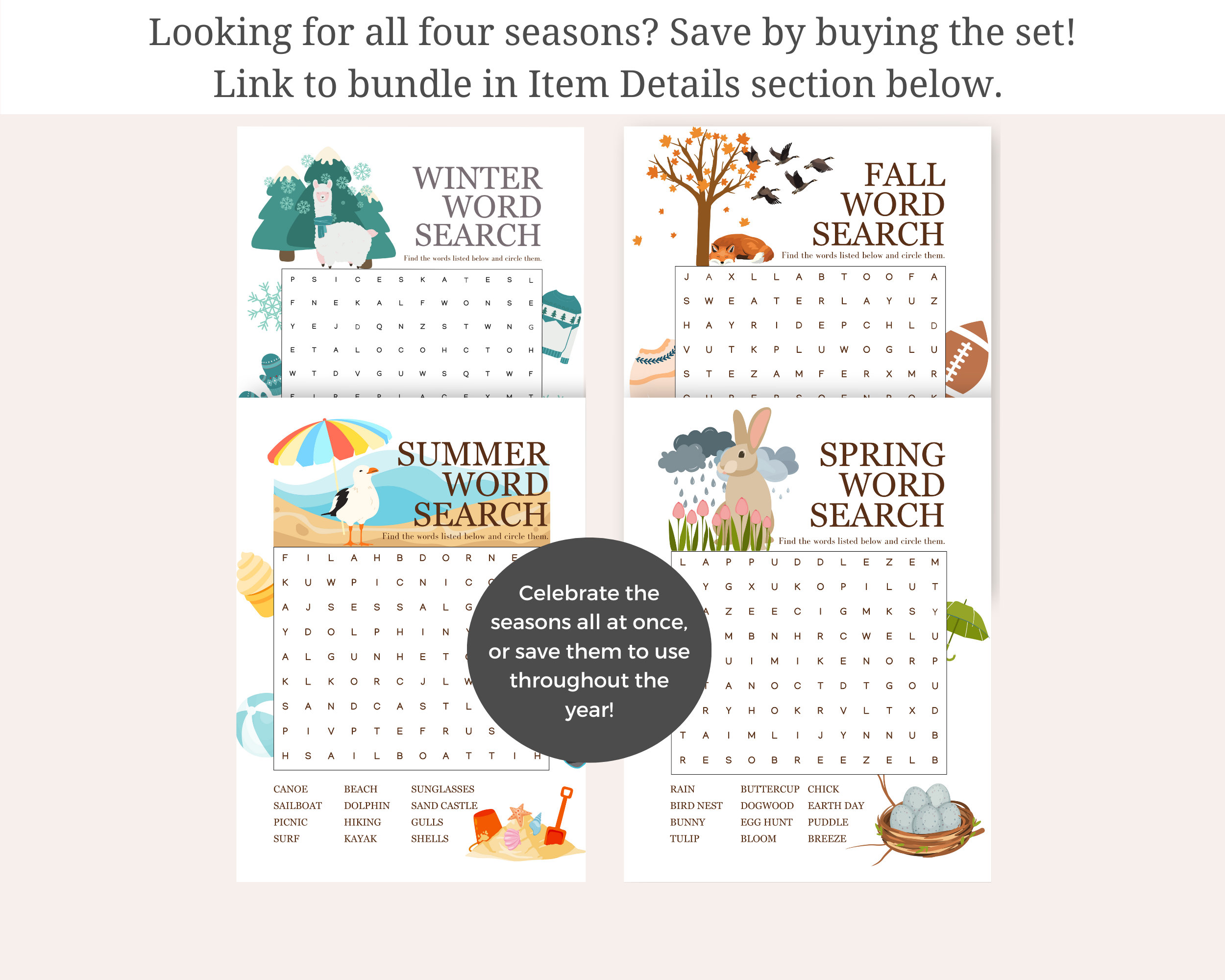 Four Seasons Word Search Game for Classroom or Home, Winter Word Search ...