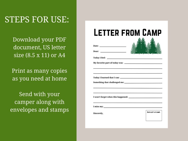 Letter From Camp Printable PDF for Kids, Summer Camp Stationery Instant ...