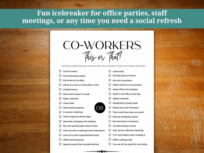 Fun Office Icebreaker Game, This or That Game, Office Party Game, Game ...