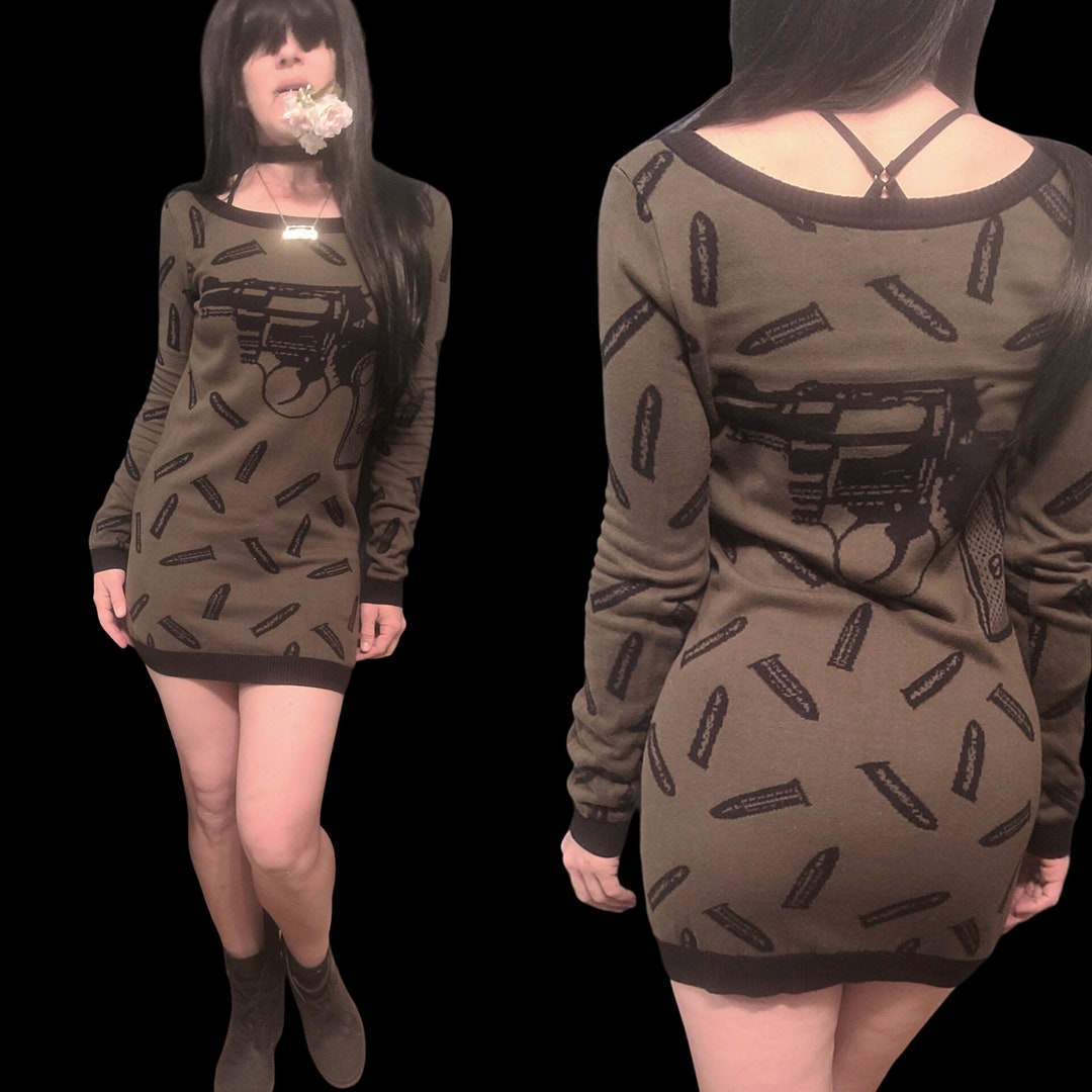 Betsey Johnson Vintage Snub Nose Revolver & Bullets Mini Sweater Dress ...