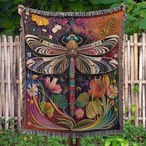 Dragonfly and Flowers Woven Throw Blanket Gift for Her, Oversized ...