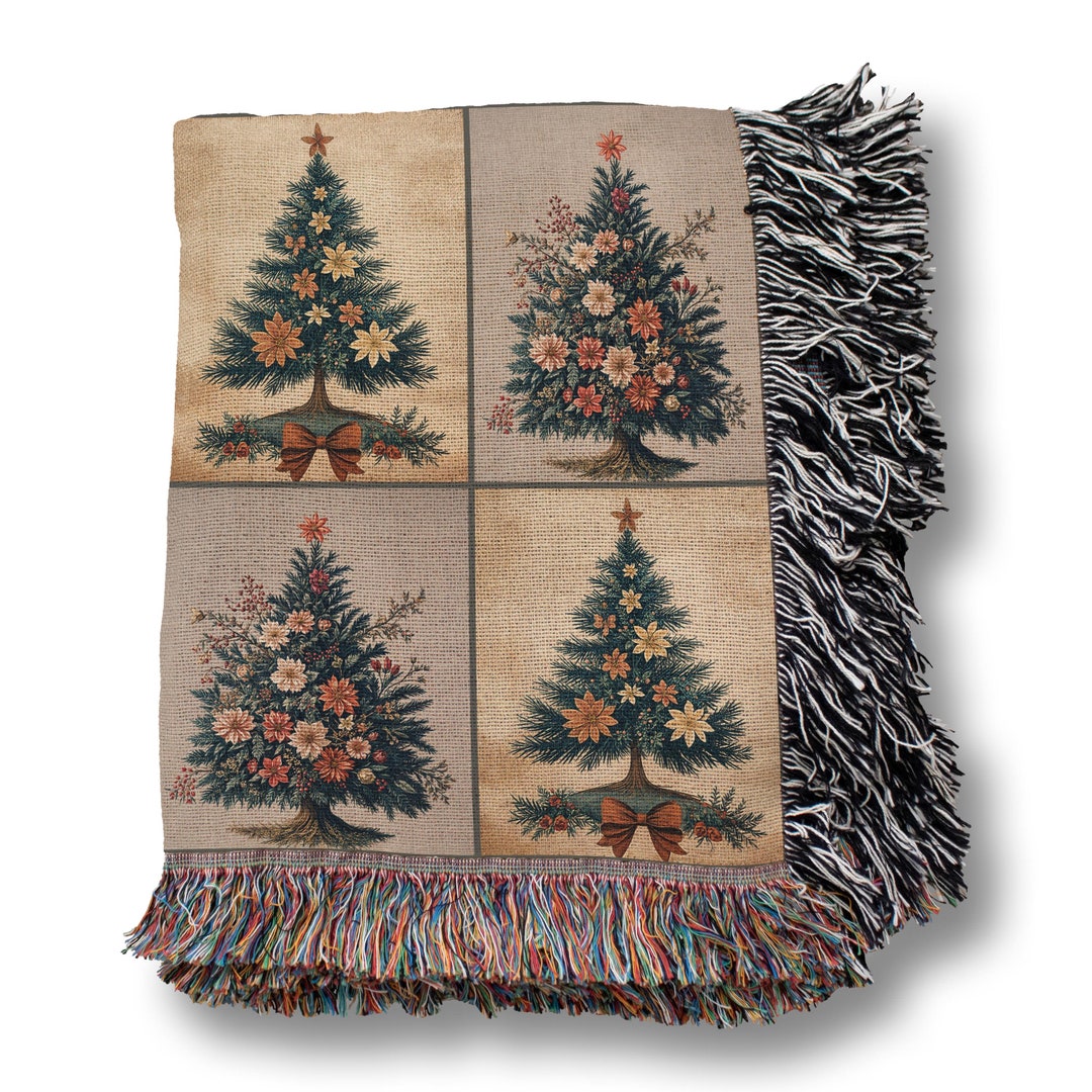 Vintage Floral Christmas Tree Woven Tapestry, Christmas Tree Throw ...