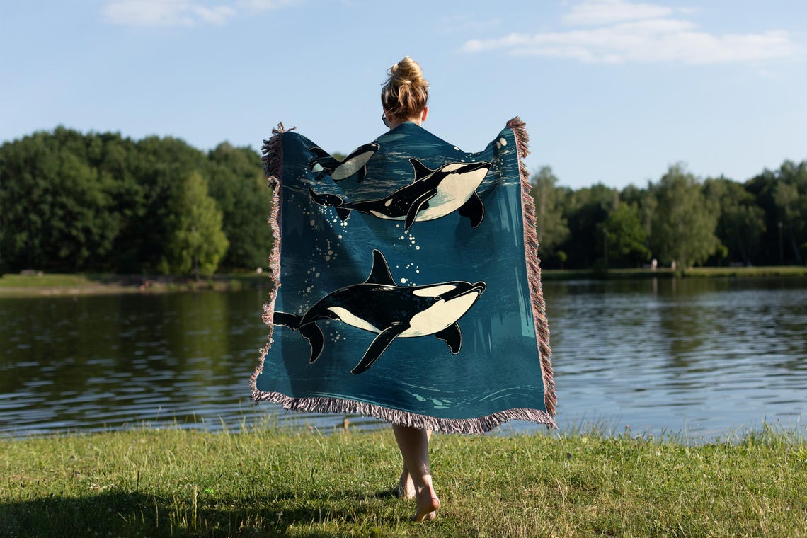 Orca Woven Throw Blanket Gift for Her, Ocean-inspired Whale Design ...