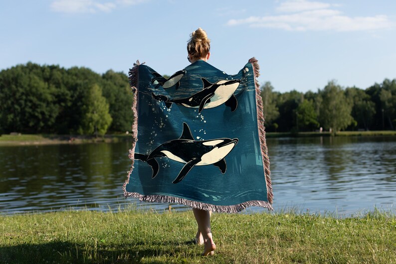 Orca Woven Throw Blanket Gift for Her, Ocean-inspired Whale Design ...