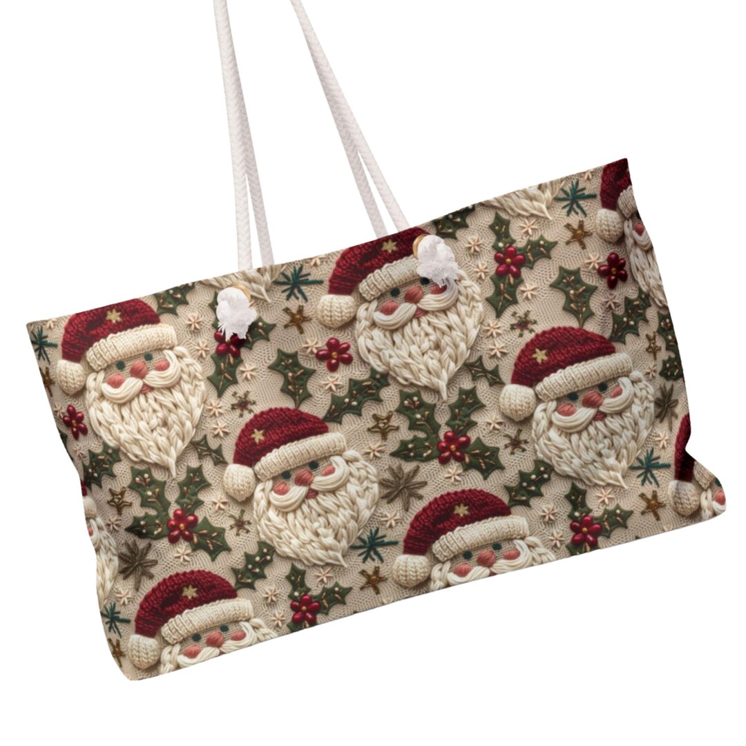 Cute Christmas Weekender Tote Bag, Oversized With Faux Knitted Santa ...