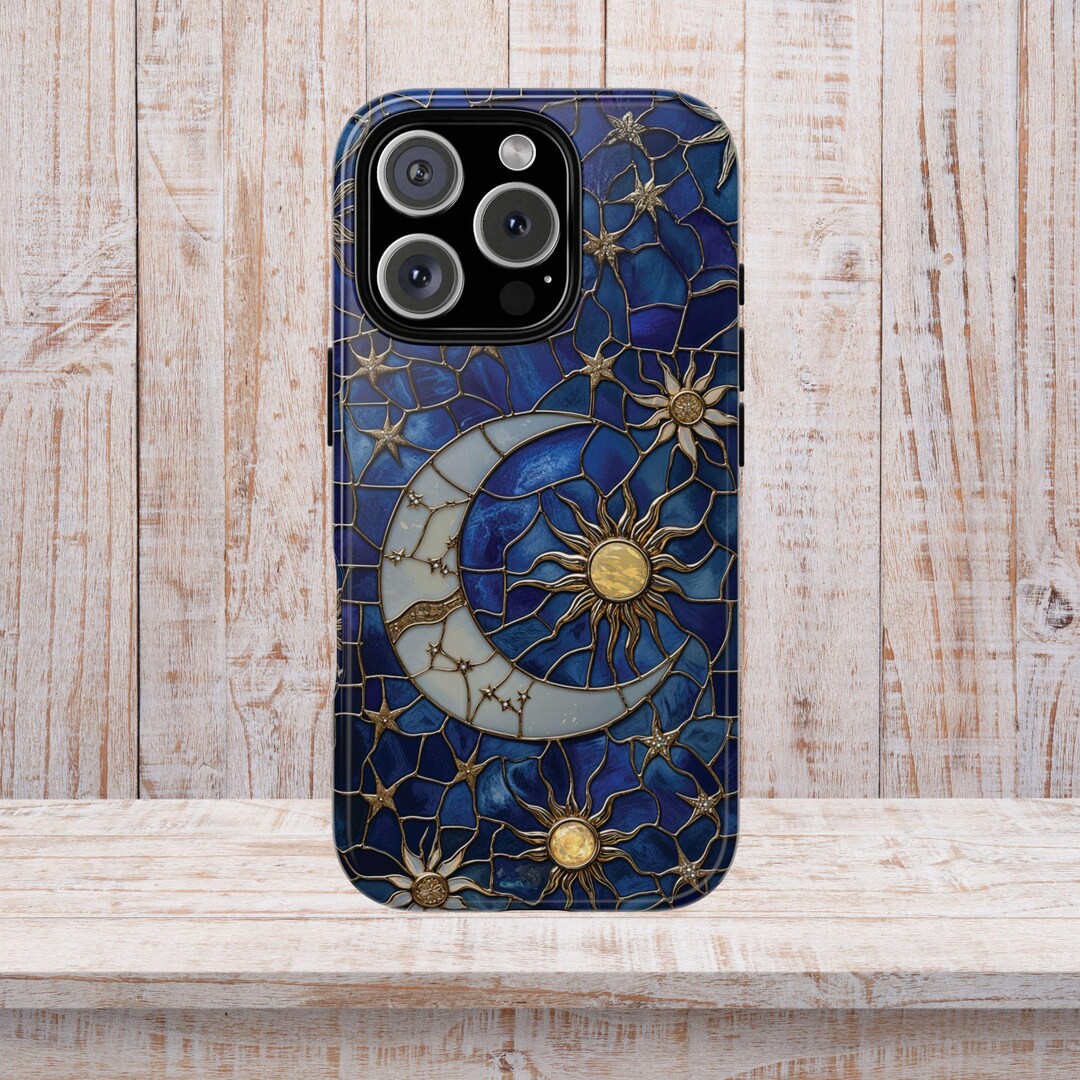 Celestial Stained Glass Moon and Stars Phone Case, Faux Stain Glass ...