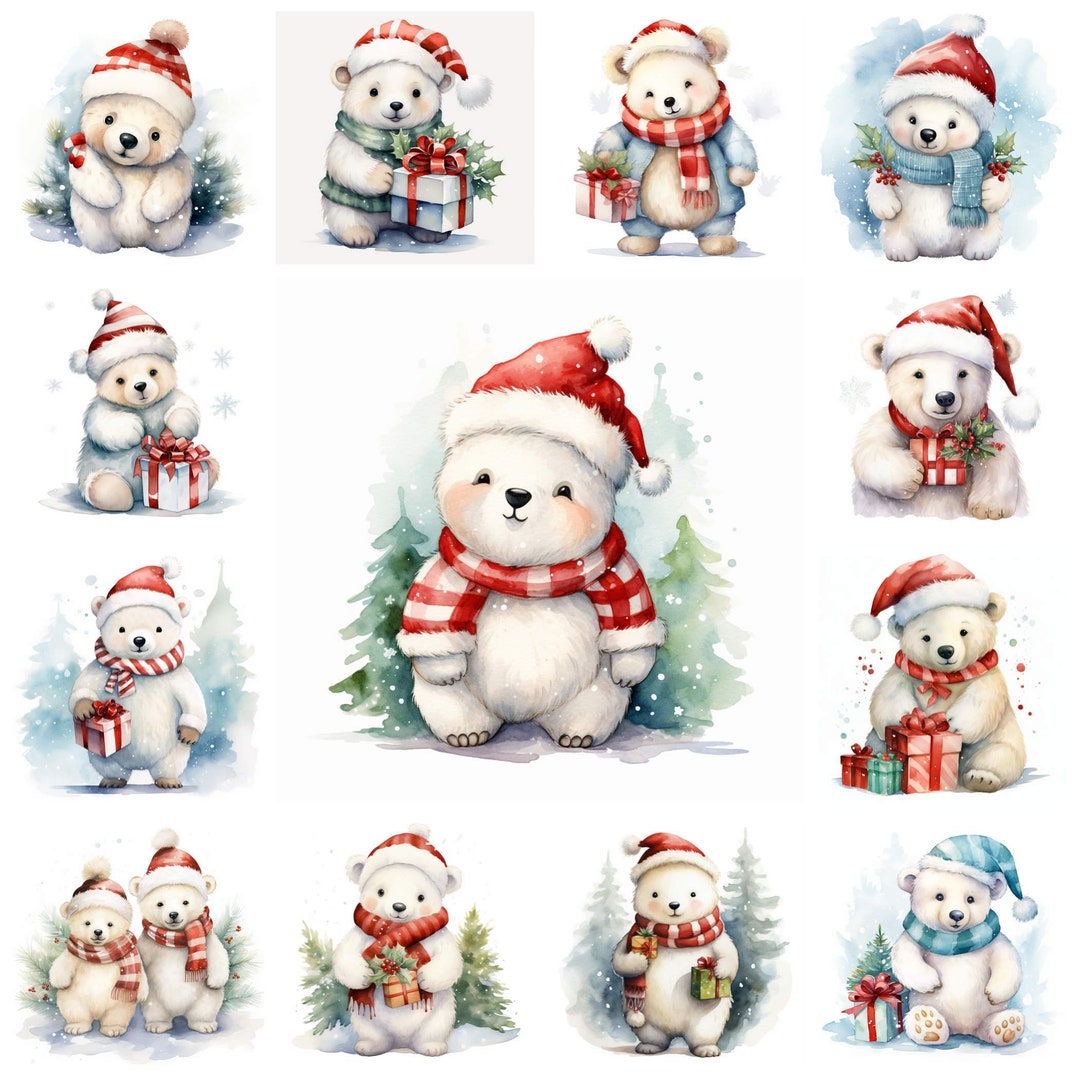 45 Watercolor Christmas Polar Bear Clipart PNG Clipart, Christmas Gift ...