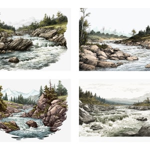 15 Rushing River Clipart, High-quality Watercolor Nautical River View ...