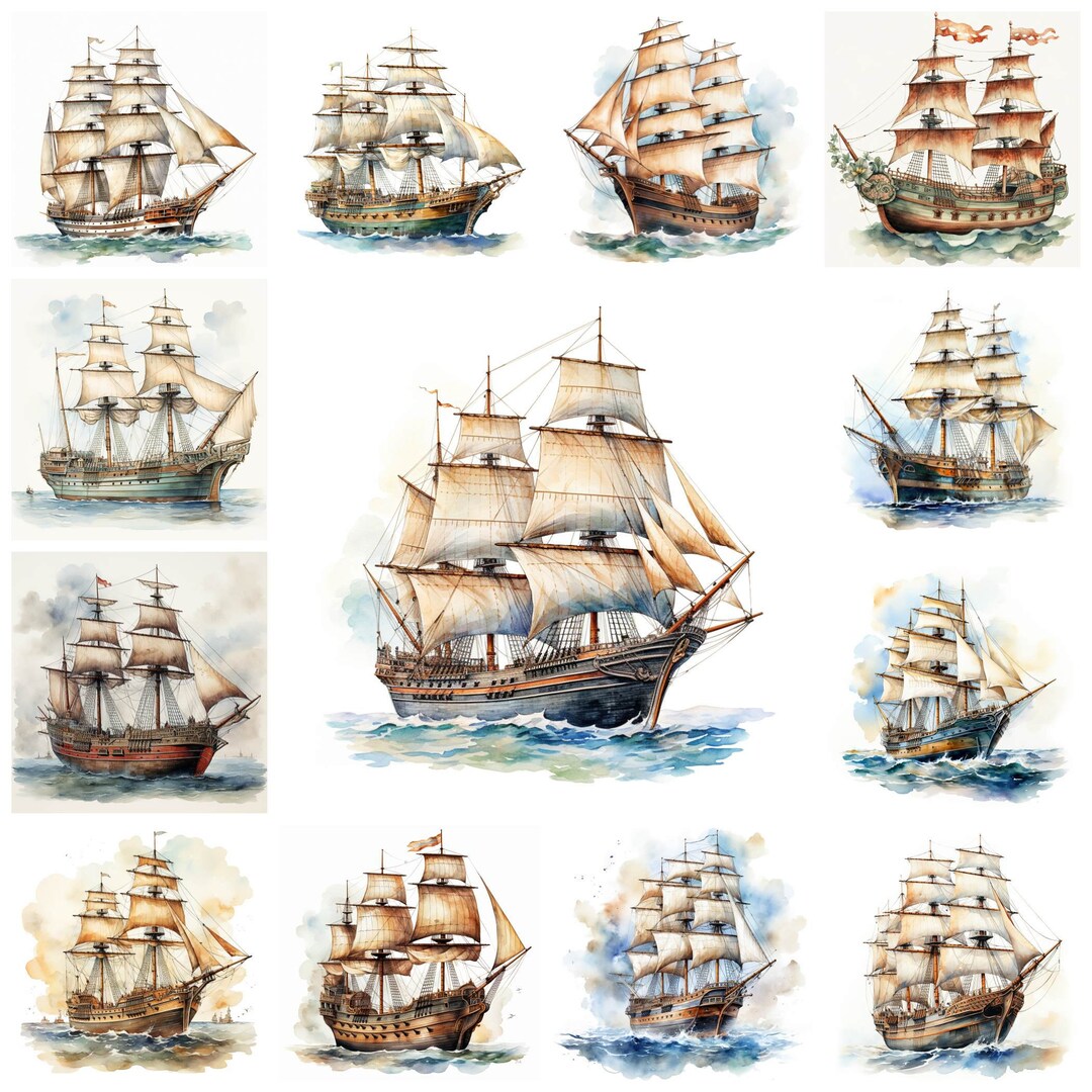 16 Antique Ship PNG Clipart, Watercolor Antique Ship Images Scenery ...