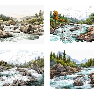 15 Rushing River Clipart, High-quality Watercolor Nautical River View ...