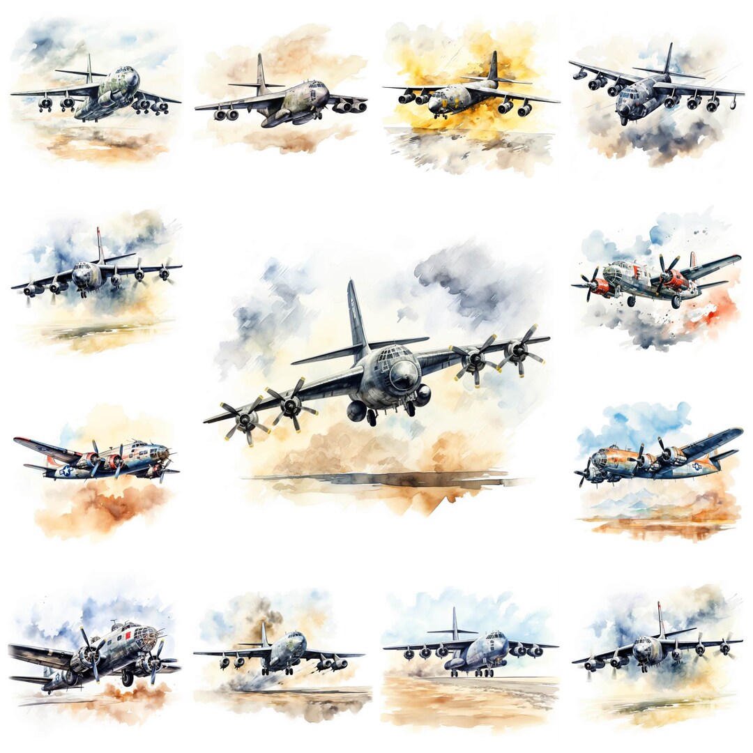 20 Watercolor Bomber Aircraft PNG Clipart, Bomber Plane Digital Craft Card Making World War II ...