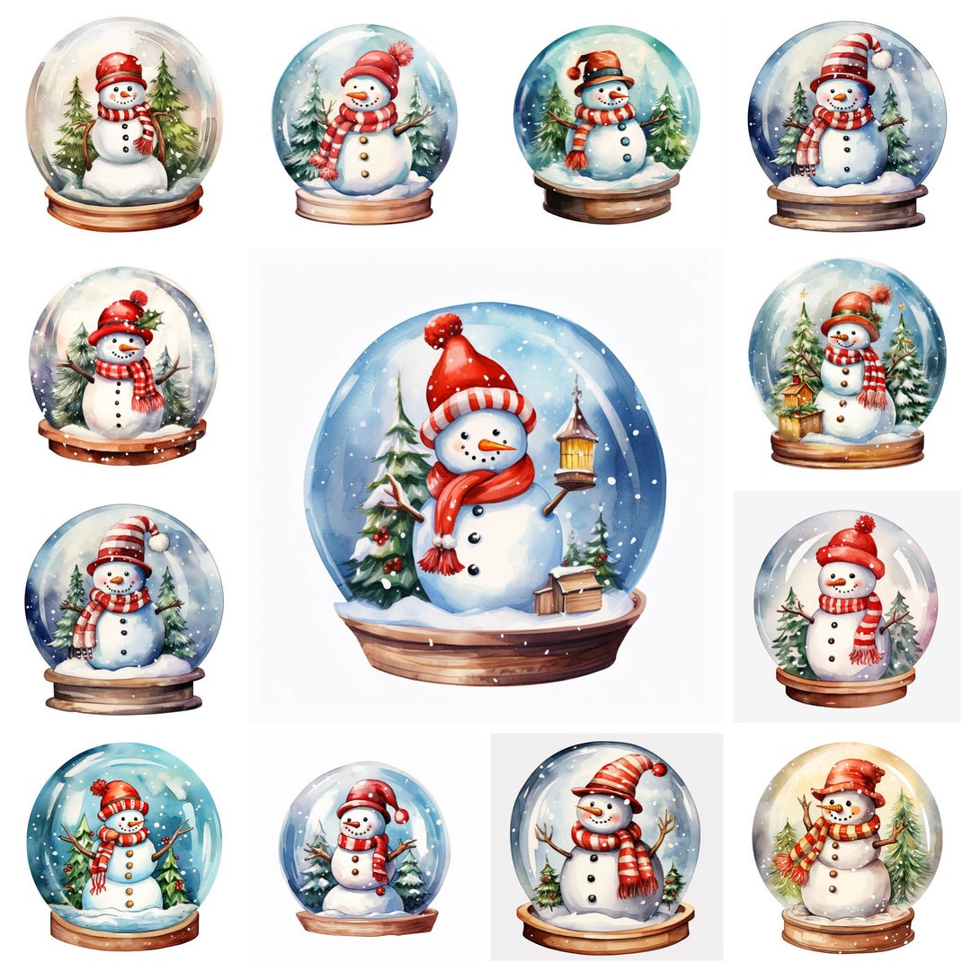 28 Snowman Snow Globe PNG Clipart Watercolor Vintage - Etsy