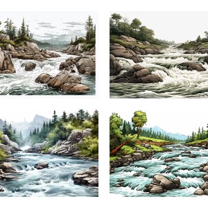 15 Rushing River Clipart, High-quality Watercolor Nautical River View ...