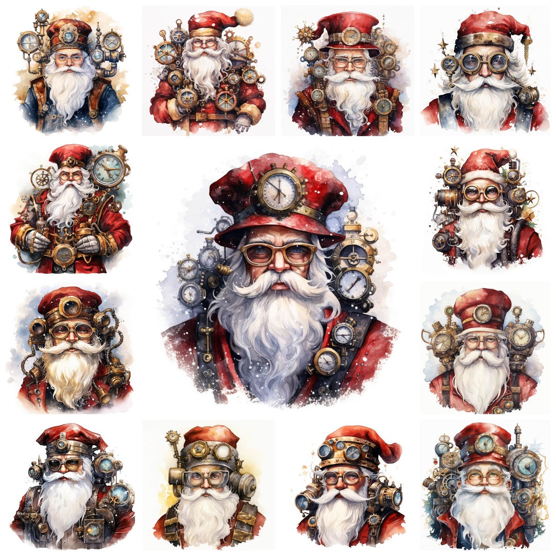26 Steampunk Santa Claus PNG Clipart, Watercolor Christmas Papa Noel ...