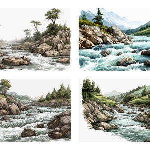 15 Rushing River Clipart, High-quality Watercolor Nautical River View ...