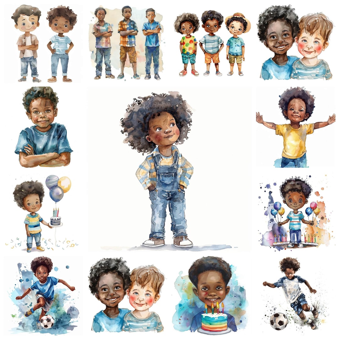 Little Black Boy Clipart, Watercolor Cute Melanated Boy Birthday PNG ...
