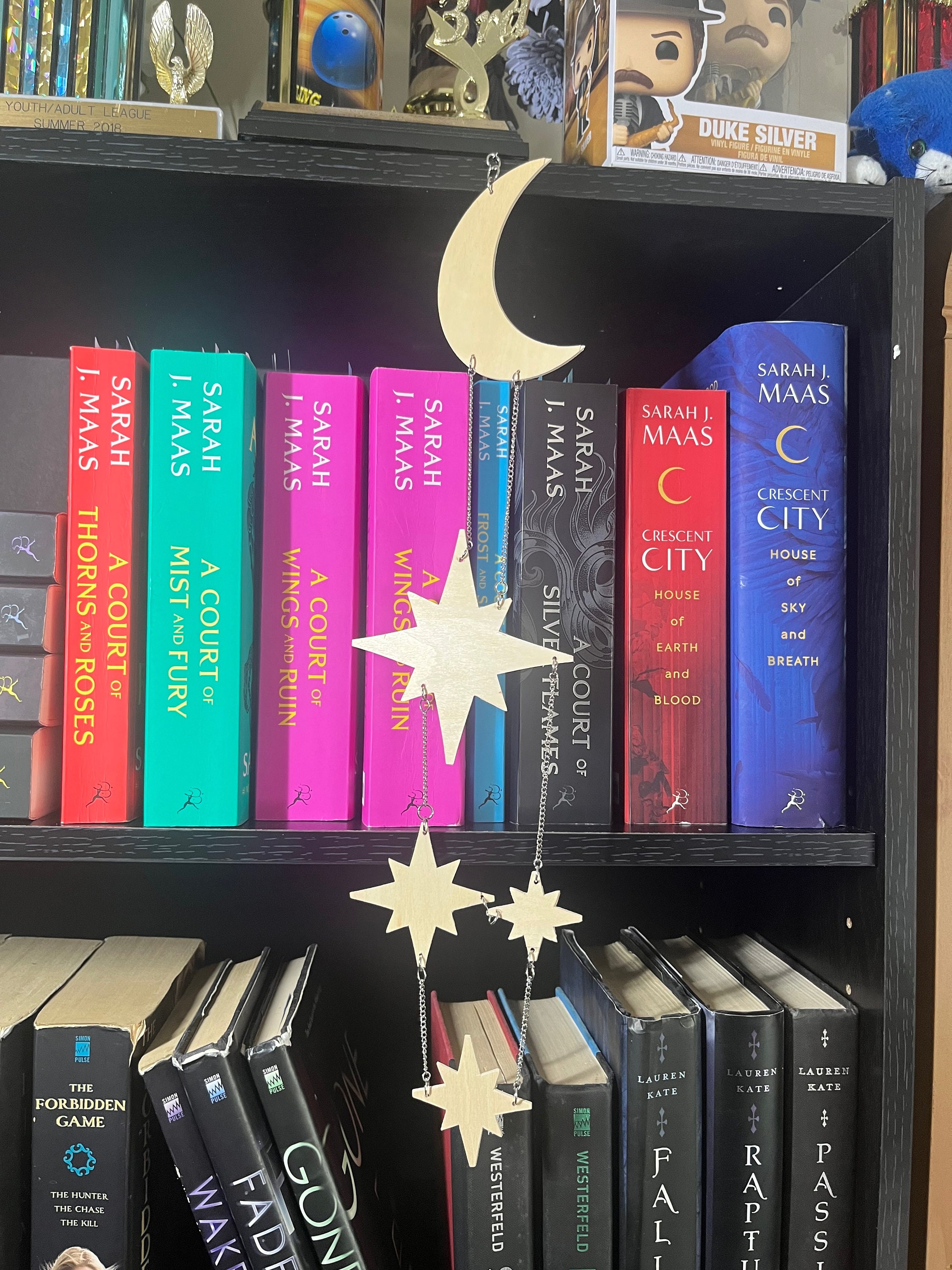 Moon and Stars Hanging Bookshelf Decor Celestial Wooden Wall Decoration ...