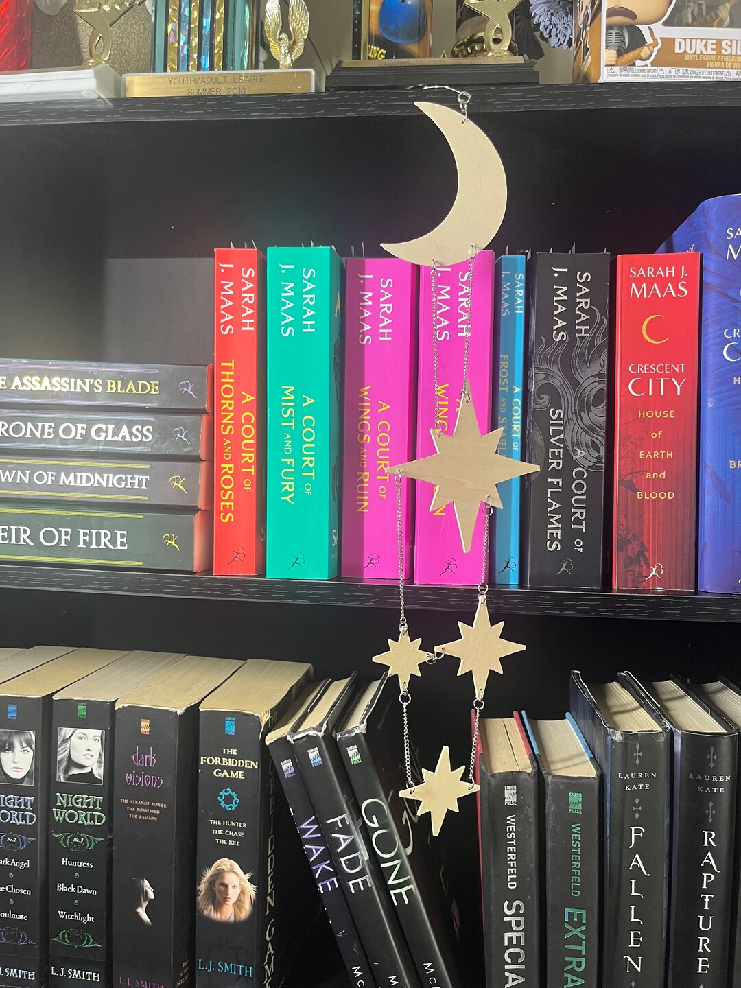 Moon and Stars Hanging Bookshelf Decor Celestial Wooden Wall Decoration ...