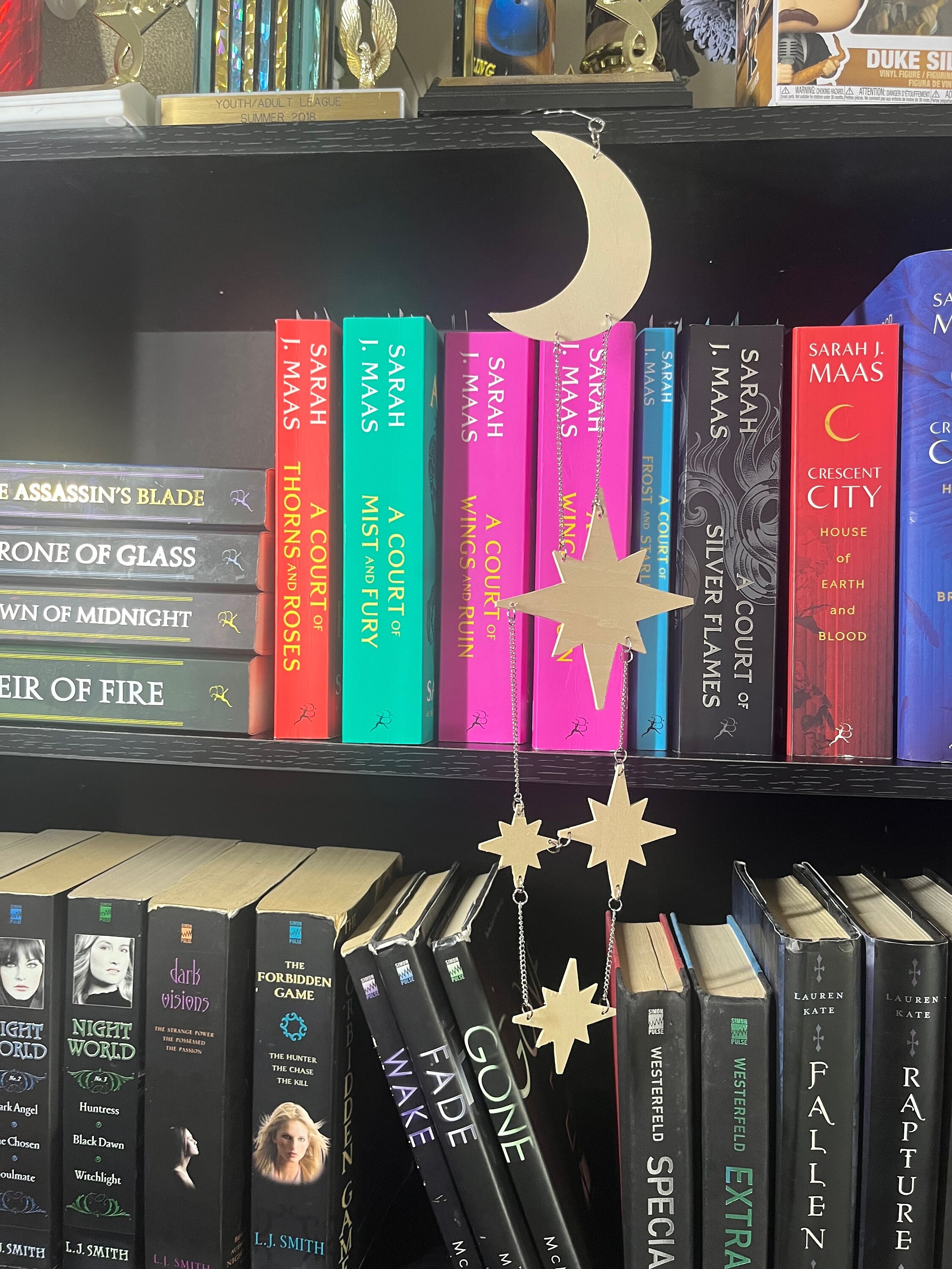 Moon and Stars Hanging Bookshelf Decor Celestial Wooden Wall Decoration ...