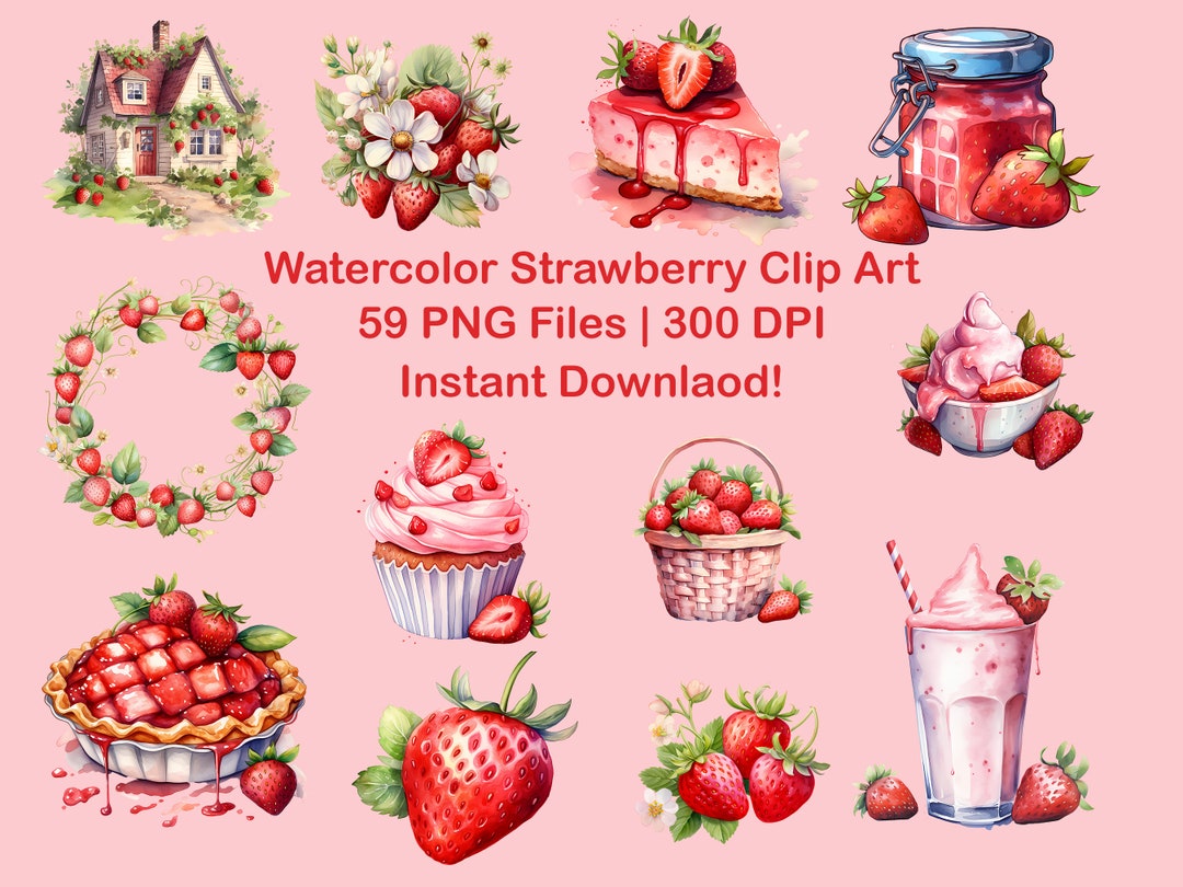 Watercolor Strawberry Clipart 58 PNG Bundle Summer Fruit Illustration ...