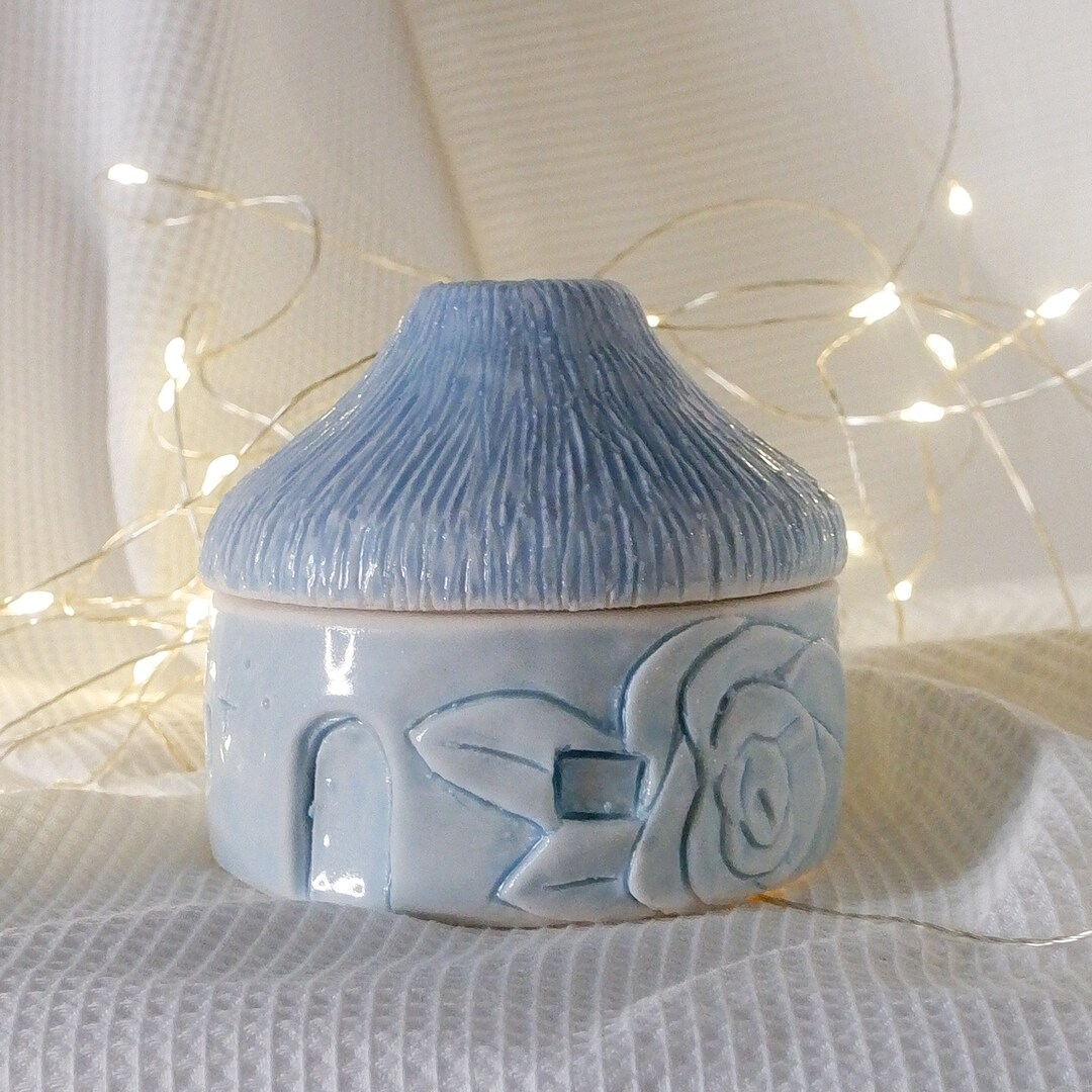 Cute Blue Thatched Roof Cottage Cone Incense Burner - Porcelain ...