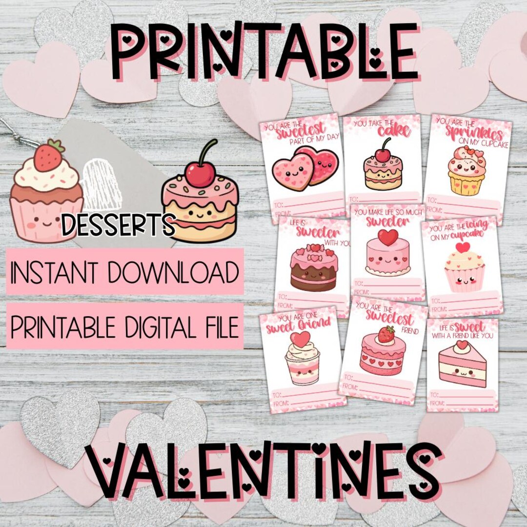 Kawaii Dessert Valentine's Day Cards – Printable Classroom Valentines ...